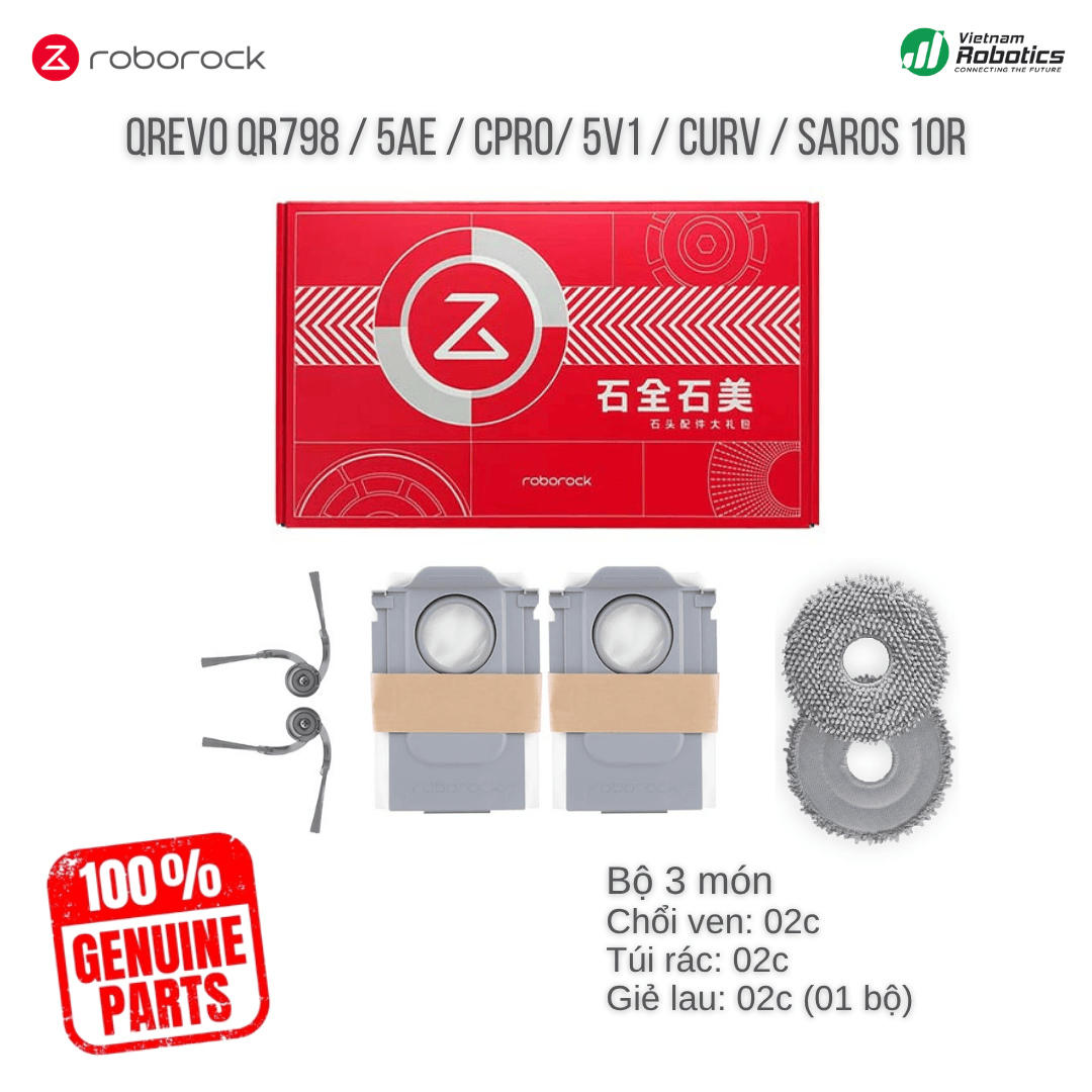 Bộ Phụ Kiện Roborock Qrevo seris, Saros Chính Hãng 3 Món | Giẻ Lau – Chổi Ven – Túi Rác